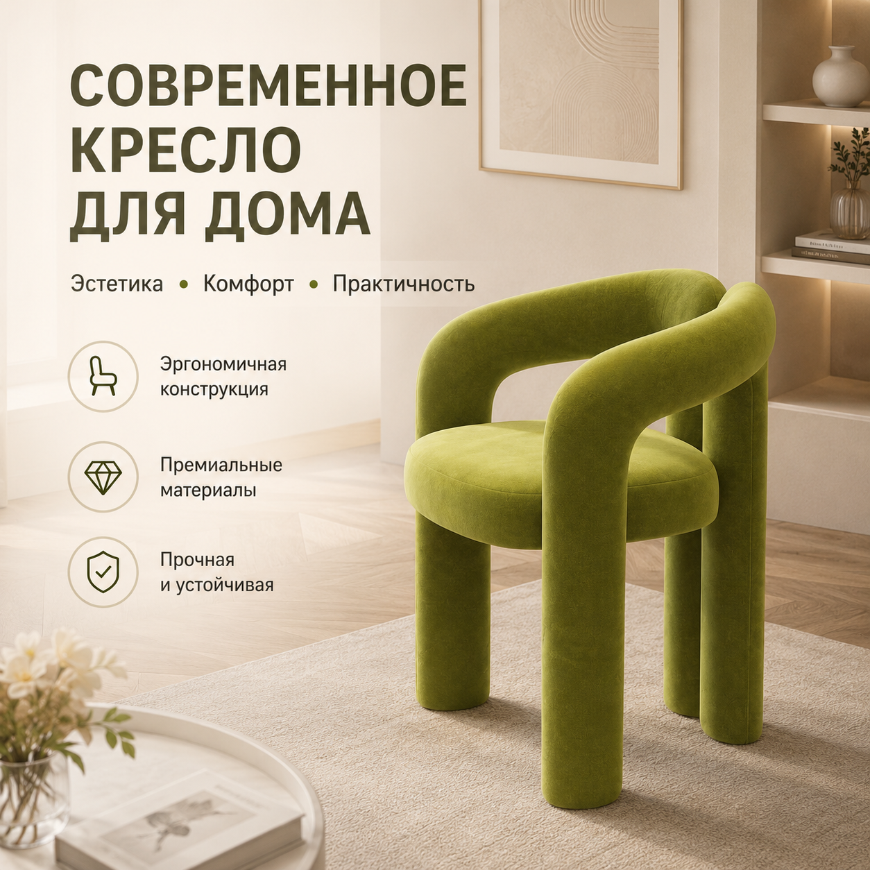 Дизайнерский бархатный стул оливкового цвета, геометрическое кресло у туалетного столика, 1 шт. — фото 1