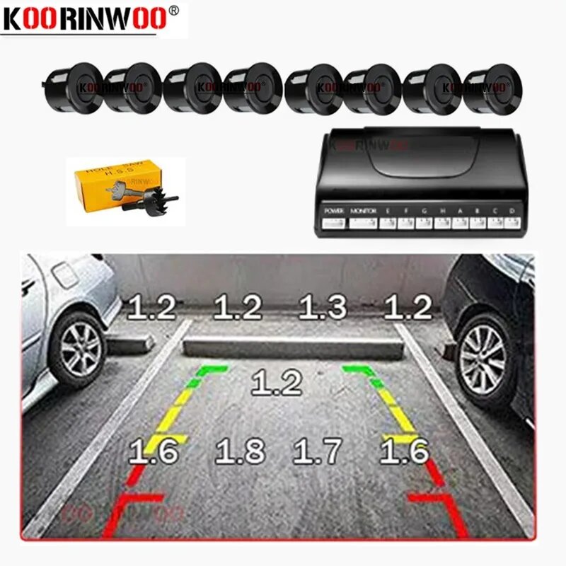 Koorinwoo 2025 Parktronics Автомобильные датчики парковки 8/6/4 Радарные радары Зонд сигнализации Детектор видеосистемы RCA Показать расстояние изображения Помощь