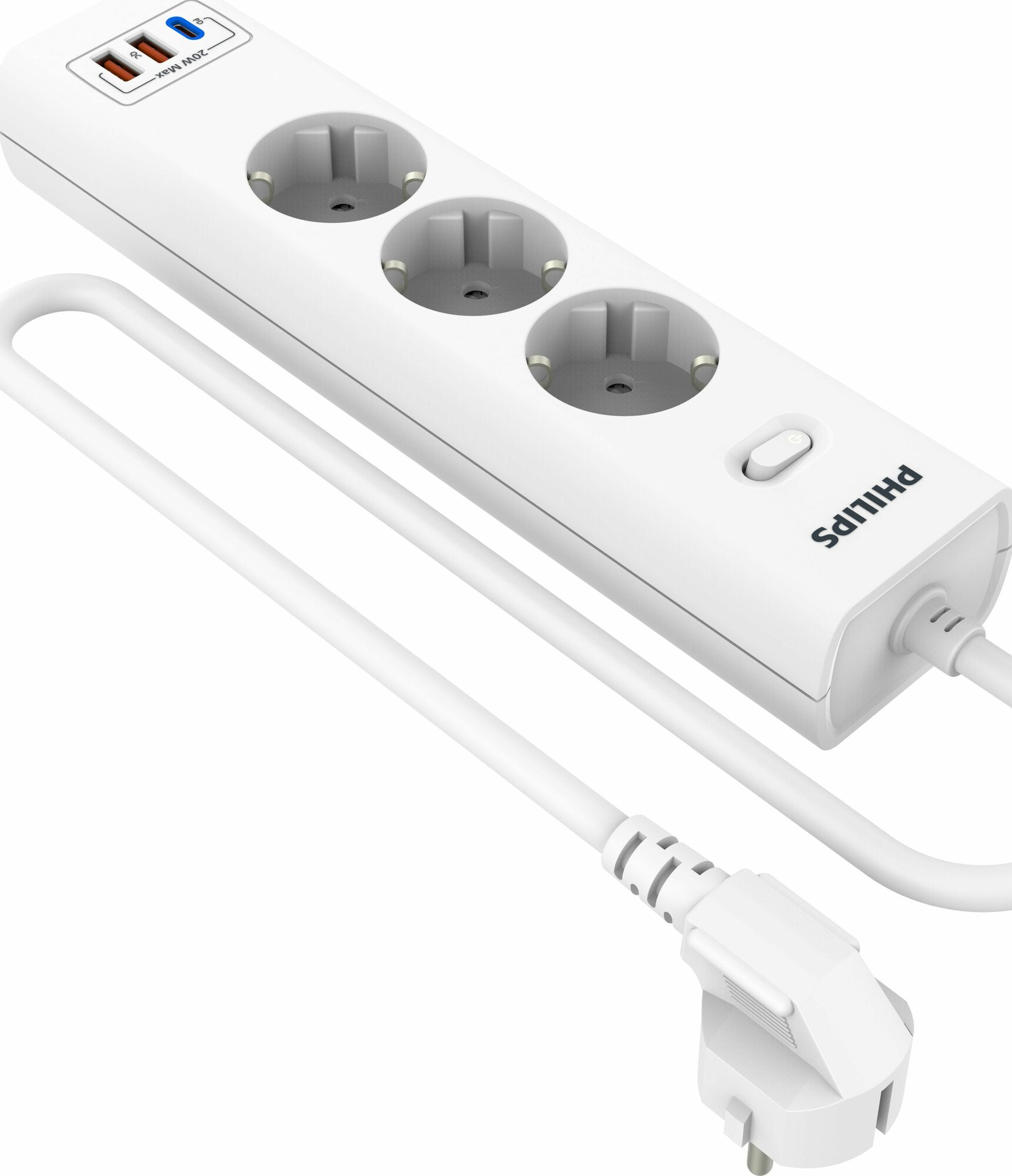 Philips сетевой фильтр 3 Розетки с USB PD/QC3.0 (5/9/12В) 20Вт кабель - 3M белый