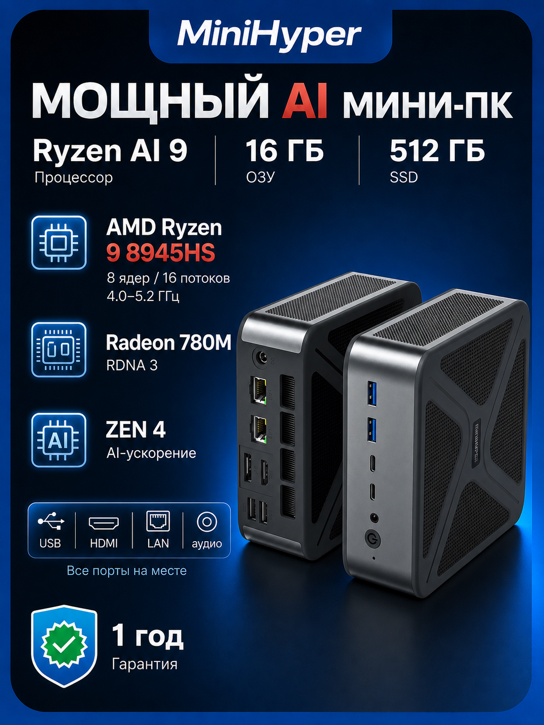 Игровой мини-ПК MiniHyper Ryzen 9 8945HS, Radeon 780M, 16/512 ГБ DDR5, Windows 11 Pro, 4K