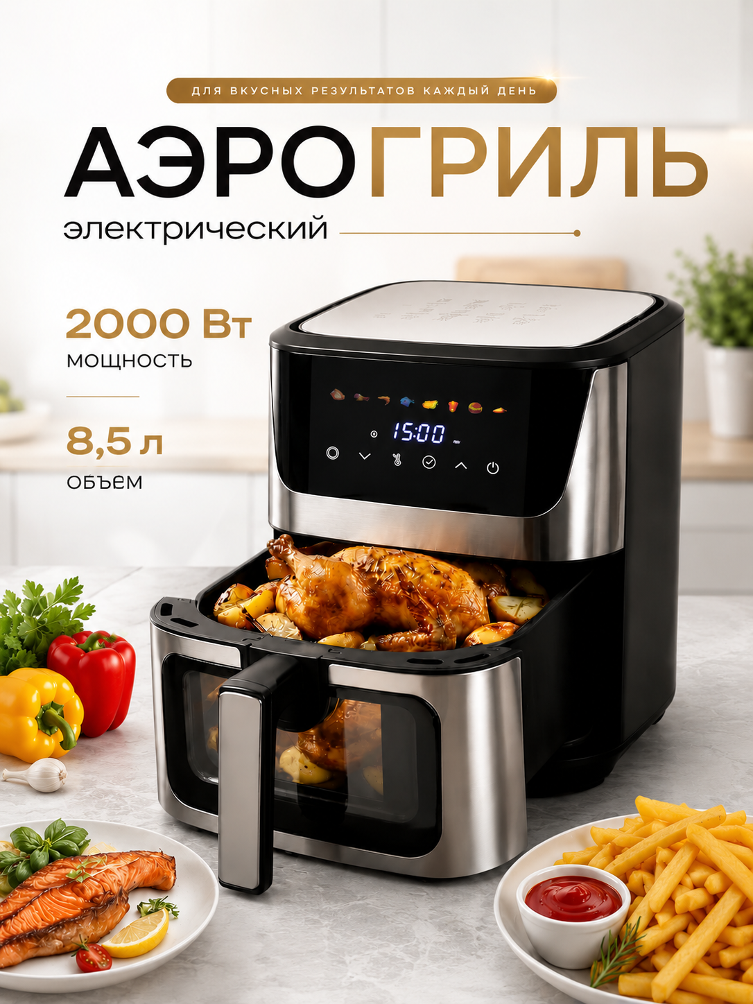 Аэрогриль электрический 8 литров для дома с решеткой мощность 2000вт
