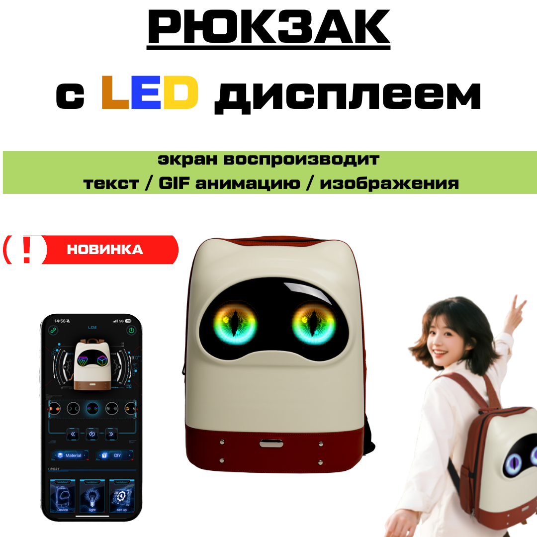 Умный молодежный рюкзак Furry Pal пиксельный, с LED экраном, жесткий