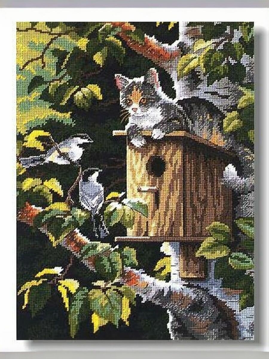 Hаборы для вышивания крестом Amishop "Кошка на птичьем гнезде", 133 x 150 стежка, 19 x 21 см, 40 цветов, 18CT Aida