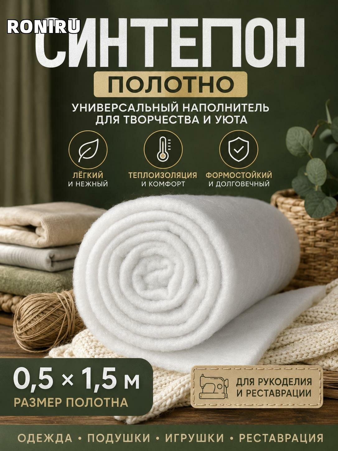 Синтепон полотно 0.5х1.5 м — наполнитель для рукоделия и утеплитель одежды, подушек, игрушек и реставрации