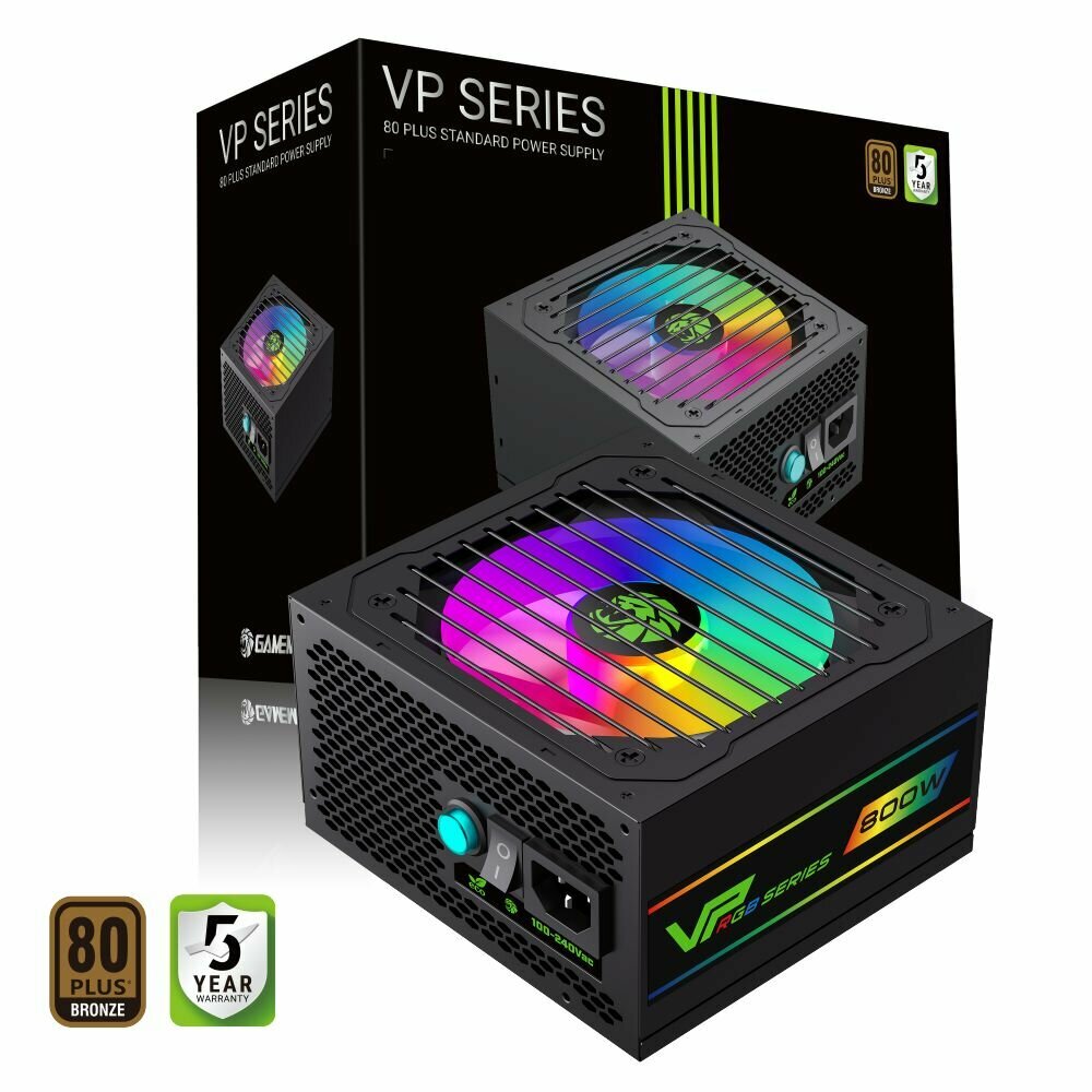 Блок питания для ПК 800W GAMEMAX VP-800-RGB-S (Черный Bronze120мм 20+4pin 2*4+4pin(CPU) 2*6+2pin(PCI-E) 1*12V-2x6(PCI-E) 5*SATA 1*MOLEX)