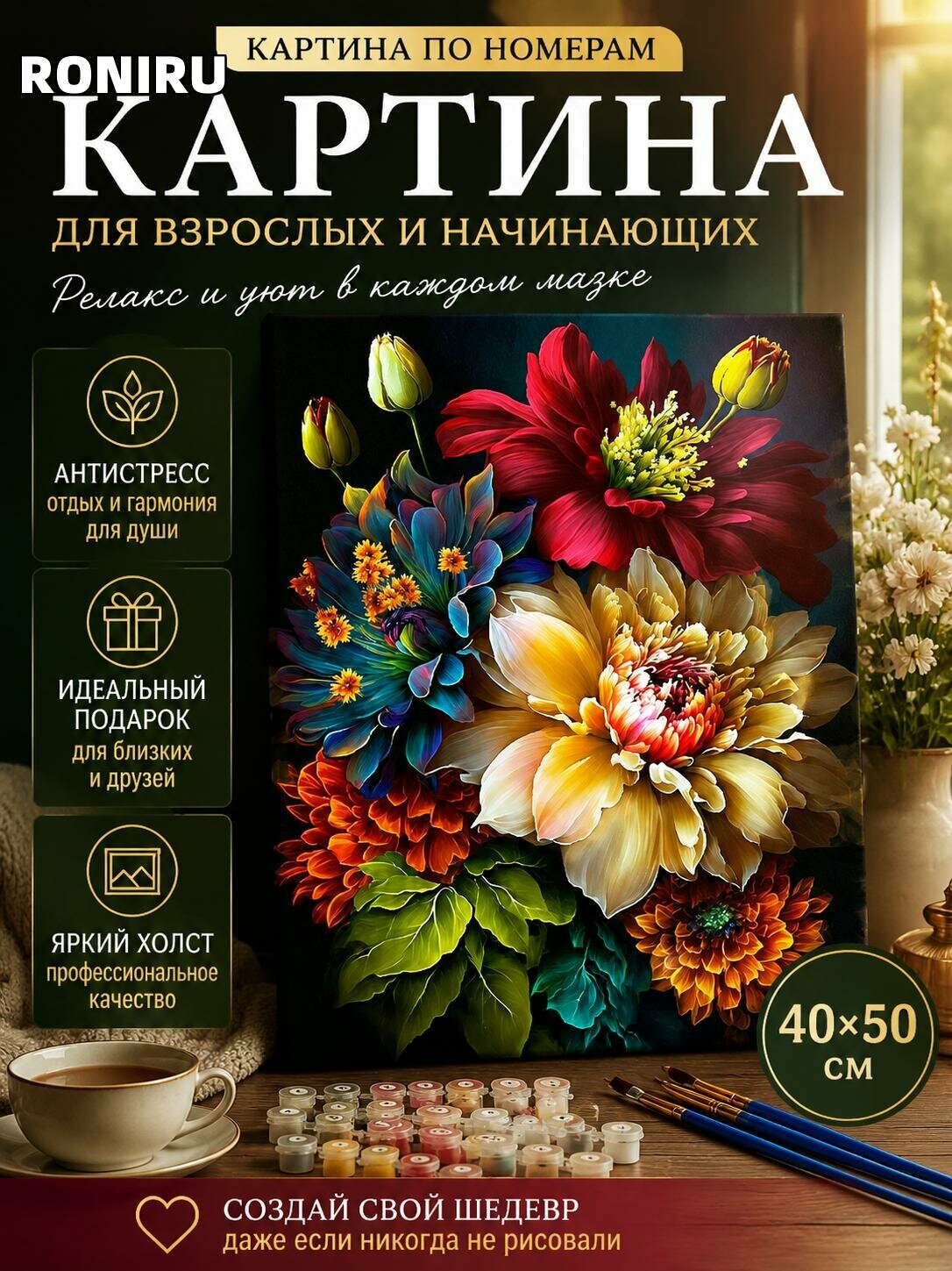 Картина по номерам для взрослых и начинающих без рамки, цветок на цветном холсте 40x50 см — релакс и уютный подарок