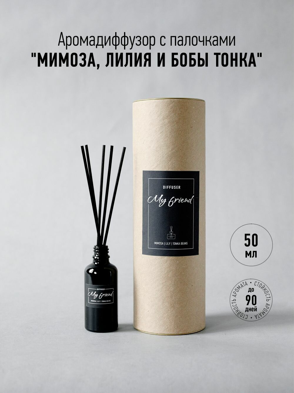 Ароматический диффузор с палочками "мимоза, лилия И бобы тонка" / My Friend / 50 мл, парфюм для дома
