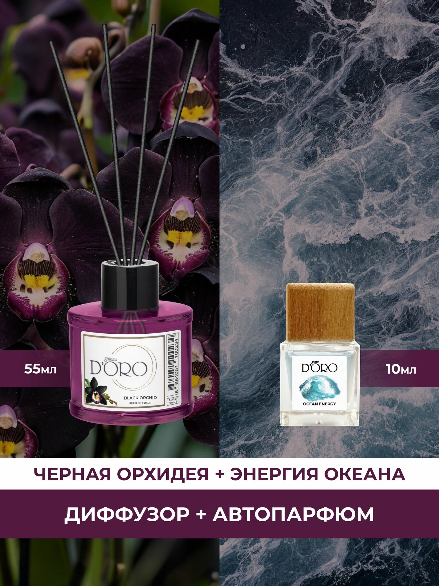 GAMMA D'ORO Подарочный набор диффузор ароматический для дома с палочками Черная орхидея и ароматизатор для автомобиля Энергия океана, 55 мл и 10 мл