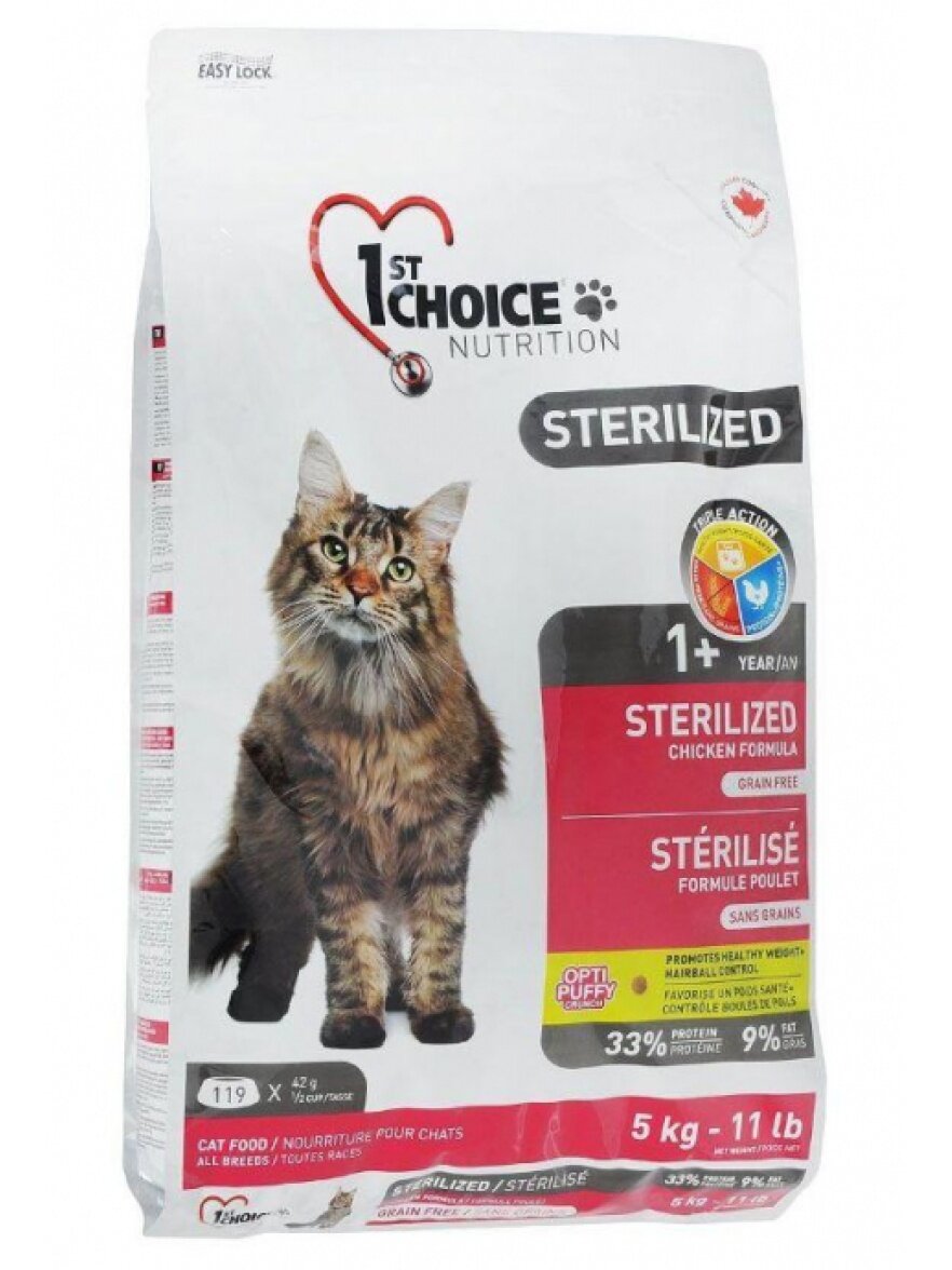Сухой корм для стерилизованных кошек и кастрированных котов 1ST Choice Sterilized курица с бататом 5кг