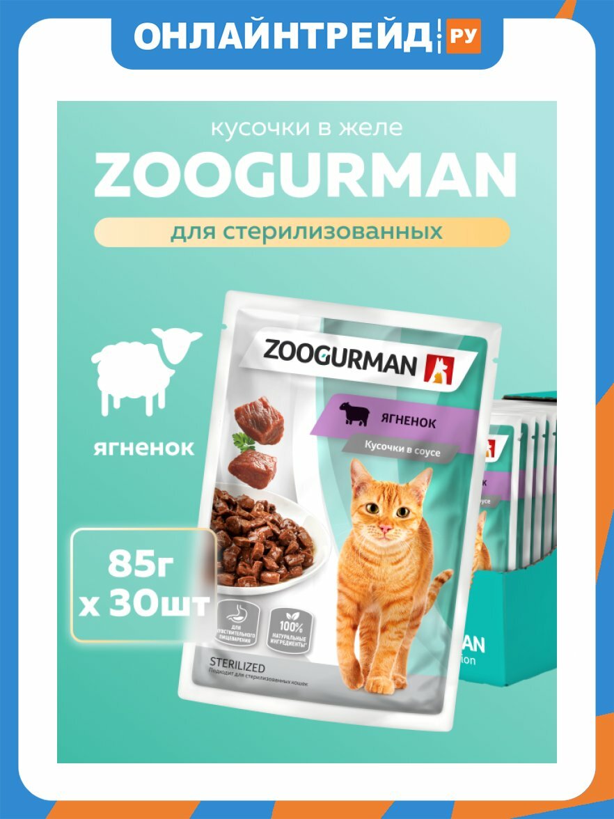 Корм влажный Зоогурман для кошек, кусочки в соусе ягненок 30шт.*85г