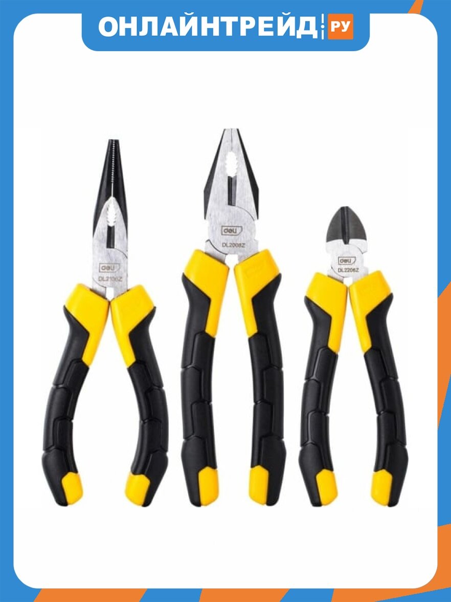 Набор плоскогубцев Deli Tools Deli DL2008Z-3 200мм комбинированные плоскогубцы, 170мм длинногубцы, 170мм бокорезы, сталь Cr-V, двухкомпонентная прорезиненная рук