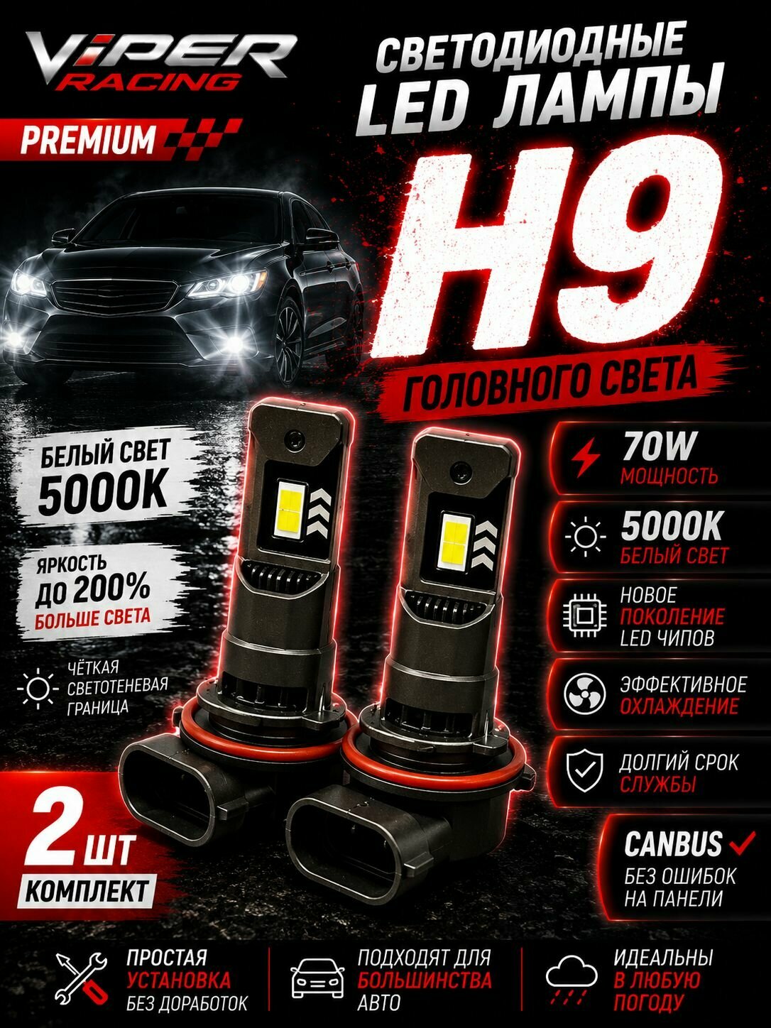 Сведиодные лампы H9 в дальний свет на Lexus GX J150 (2013-2025) - Лексус - VIPER RACING LED - Лед лампочки Н9 CANBUS с обманкой