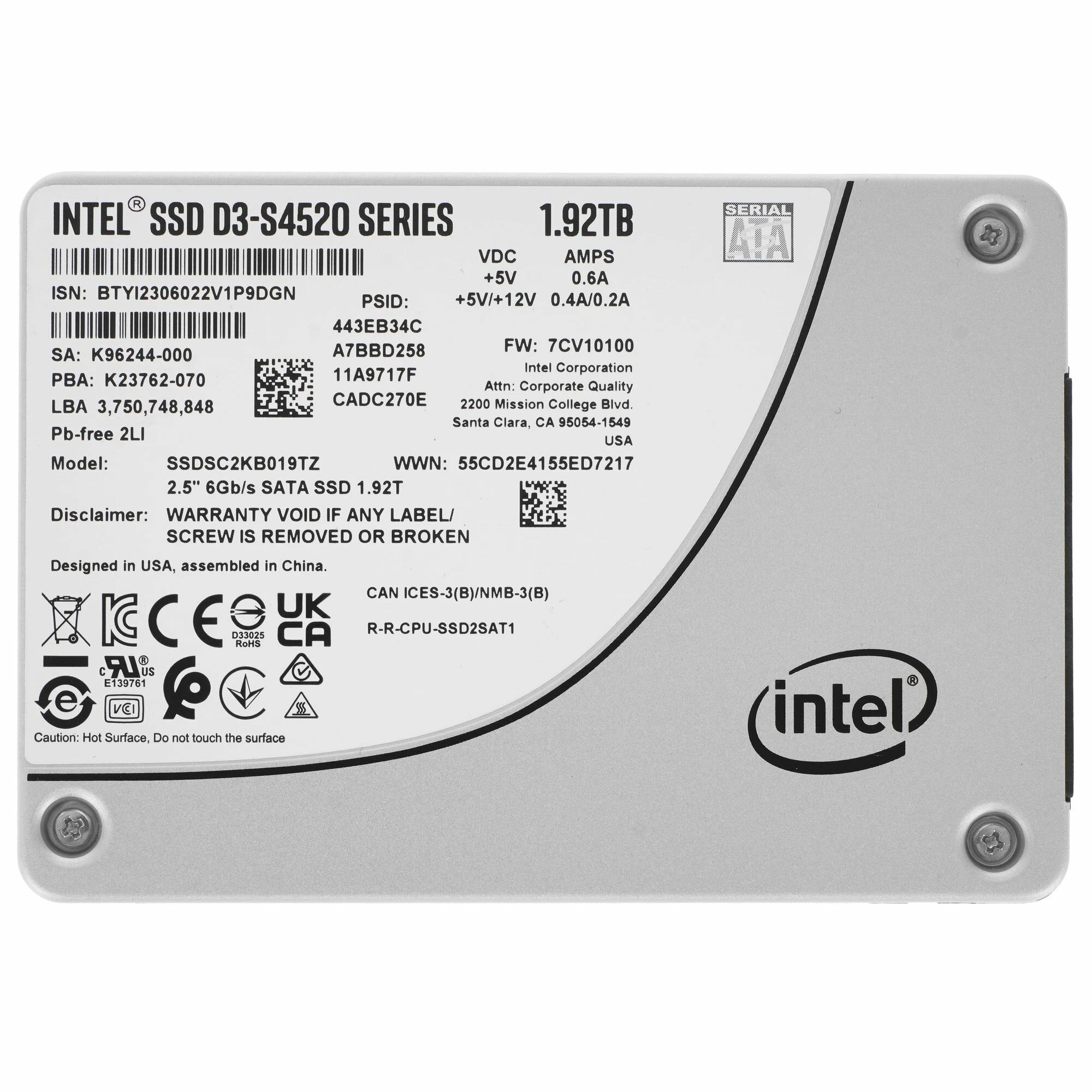 Intel 1,92 ТБ Внутренний SSD-диск D3-S4520, 2.5" (SSDSC2KB019TZ01)