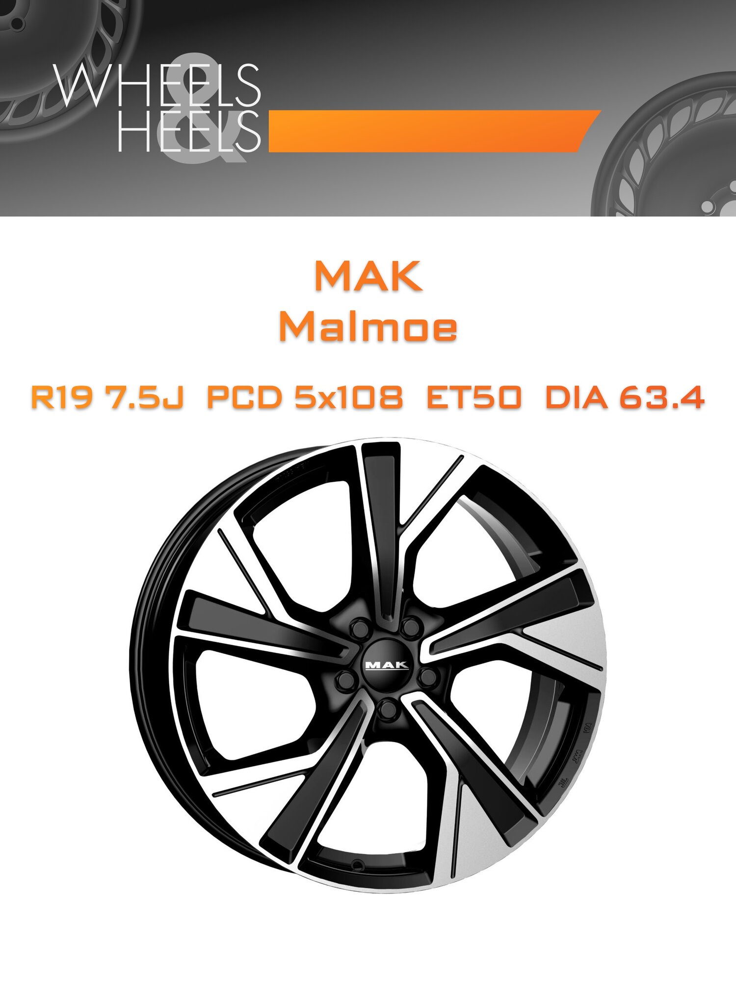 Диск автомобильный литой MAK Malmoe 19x7.5 5x108 et50 dia63.4 Чёрный глянцевый с полированной лицевой частью