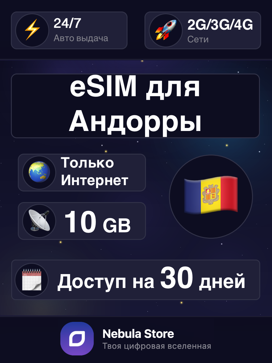 ESIM Андорра | Интернет | 10 ГБ на 30 дней | 4G | Для телефона и планшета - автовыдача 24/7