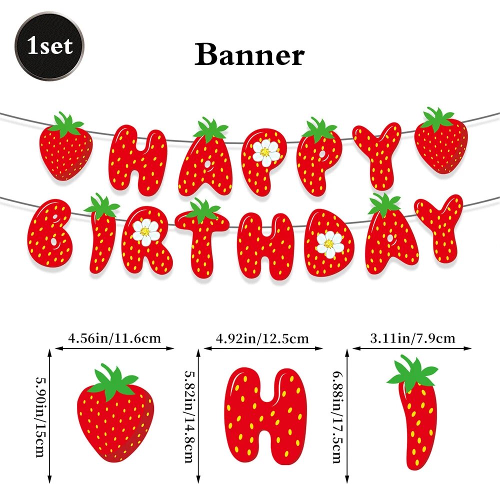 Красный клубничный баннер "Happy Birthday" 1set