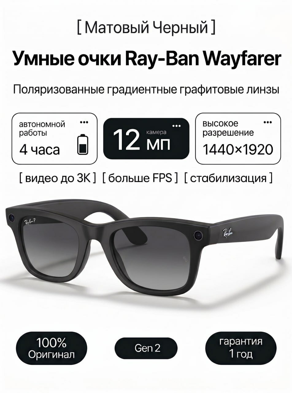 Умные очки с камерой Ray-Ban Wayfarer (Gen 2) Matte Black/Polar Gradient Graphite (L)
