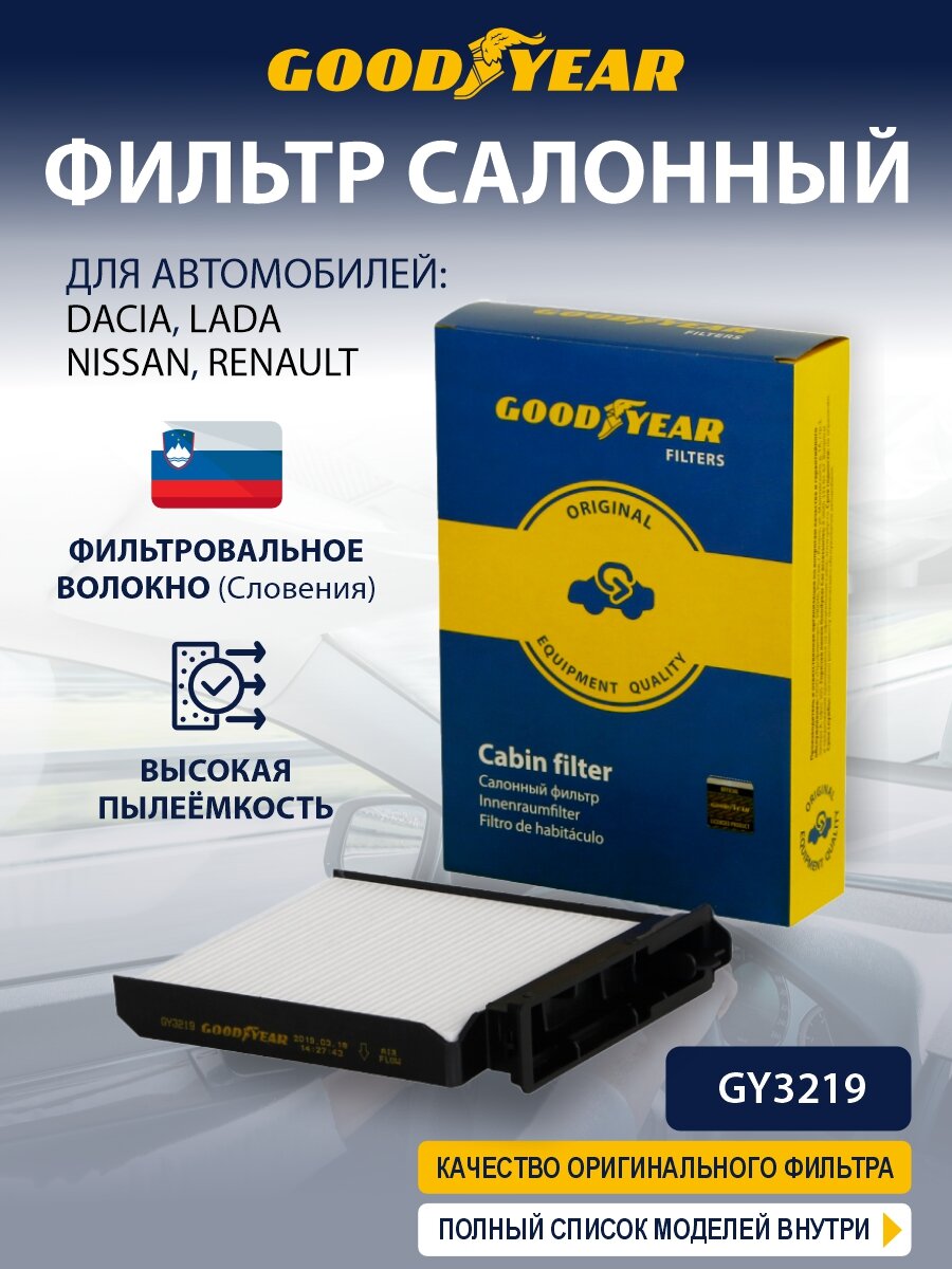 Фильтр салонный Goodyear GY3219 NISSAN ALMERA, NOTE, TERRANO III, LADA LARGUS, RENAULT CLIO III DUSTER LOGAN SANDERO