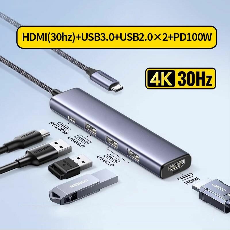 USB-Концентратор 5-in-1 (15495),4K(30HZ)HDMI, USB2.0, USB 3.0, PD 100W Hub