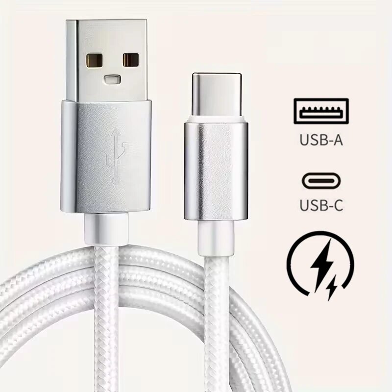 Кабель USB Type-C Для Быстрой Зарядки Samsung, Xiaomi, Redmi, POCO Белый, 1m, Silver