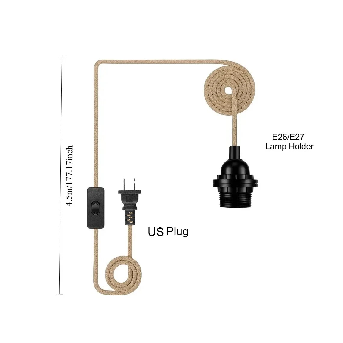Патрон для лампы E27 с тканевым кабелем и выключателем US Plug 4.5M cable