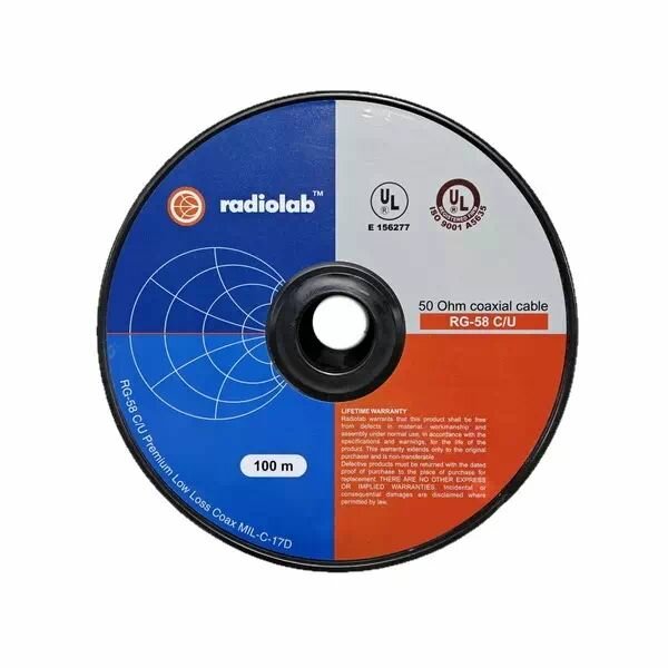 Кабель 50 Ом Radiolab RG-58 C/U black Premium Low Loss Coax MIL-C-17D (медь, бухта, 100м) витая жила