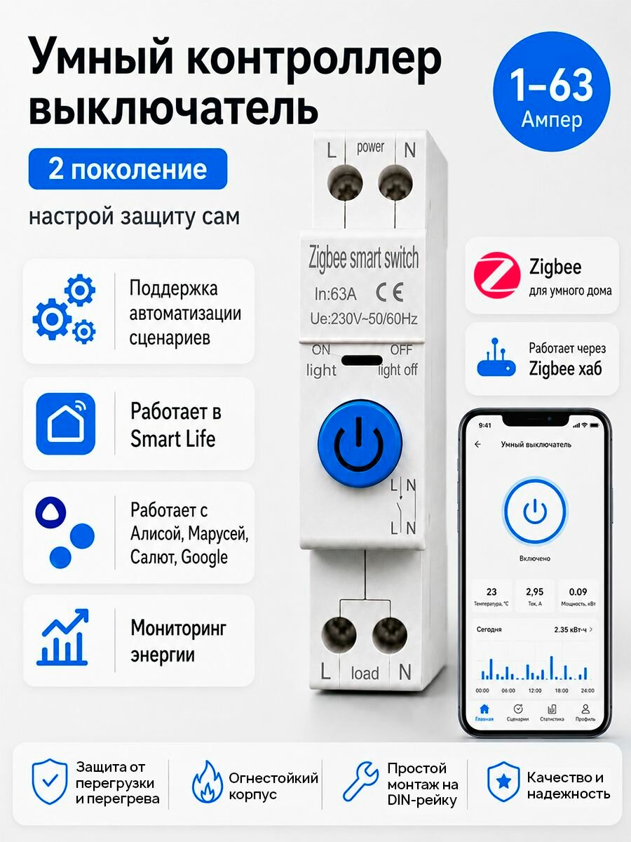 Умный Zigbee SMARTLIFE автомат в щиток на DIN-рейку 5-63А