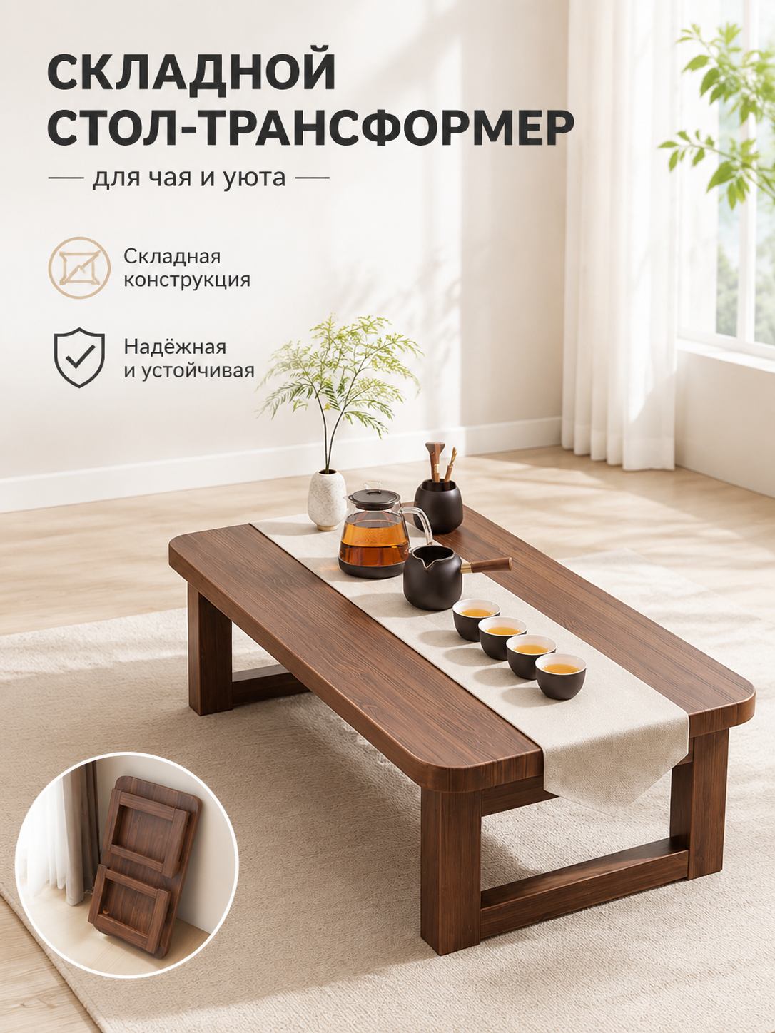 Складной низкий столик 60×40×40 см, орех, для подоконника и завтрака в кровати