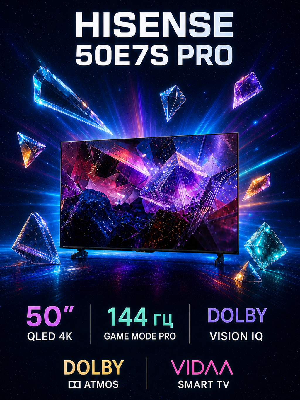 Телевизор Hisense 50" 50E7S Pro, Smart TV, QLED & DLED, HDR10, HDR10+, серый
