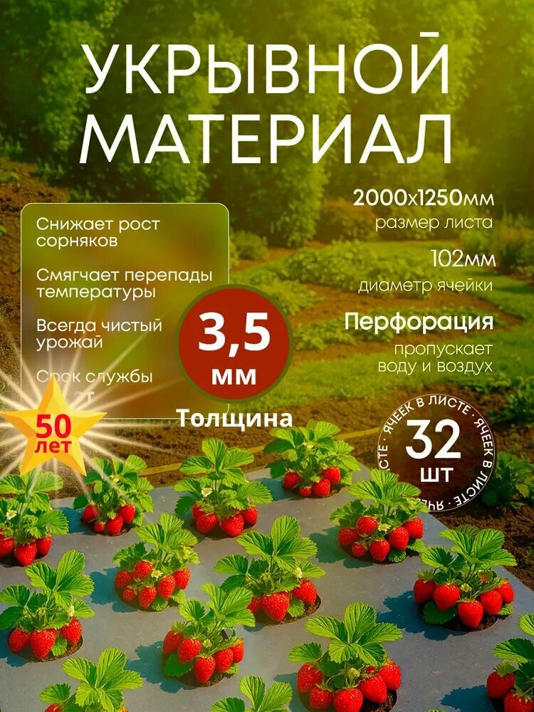 Укрывной материал для растений, геотекстиль садовый от сорняков, Спанбонд 2000х1250 мм