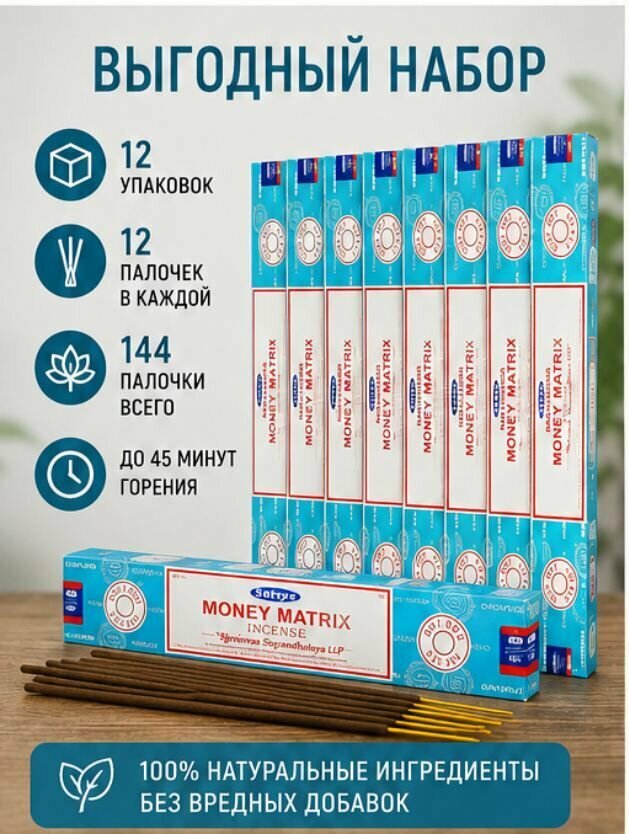 Благовония Satya Money Drawing набор 12 упаковок по 12 палочек индийские ароматические палочки для дома, медитации, йоги и ароматизации помещений