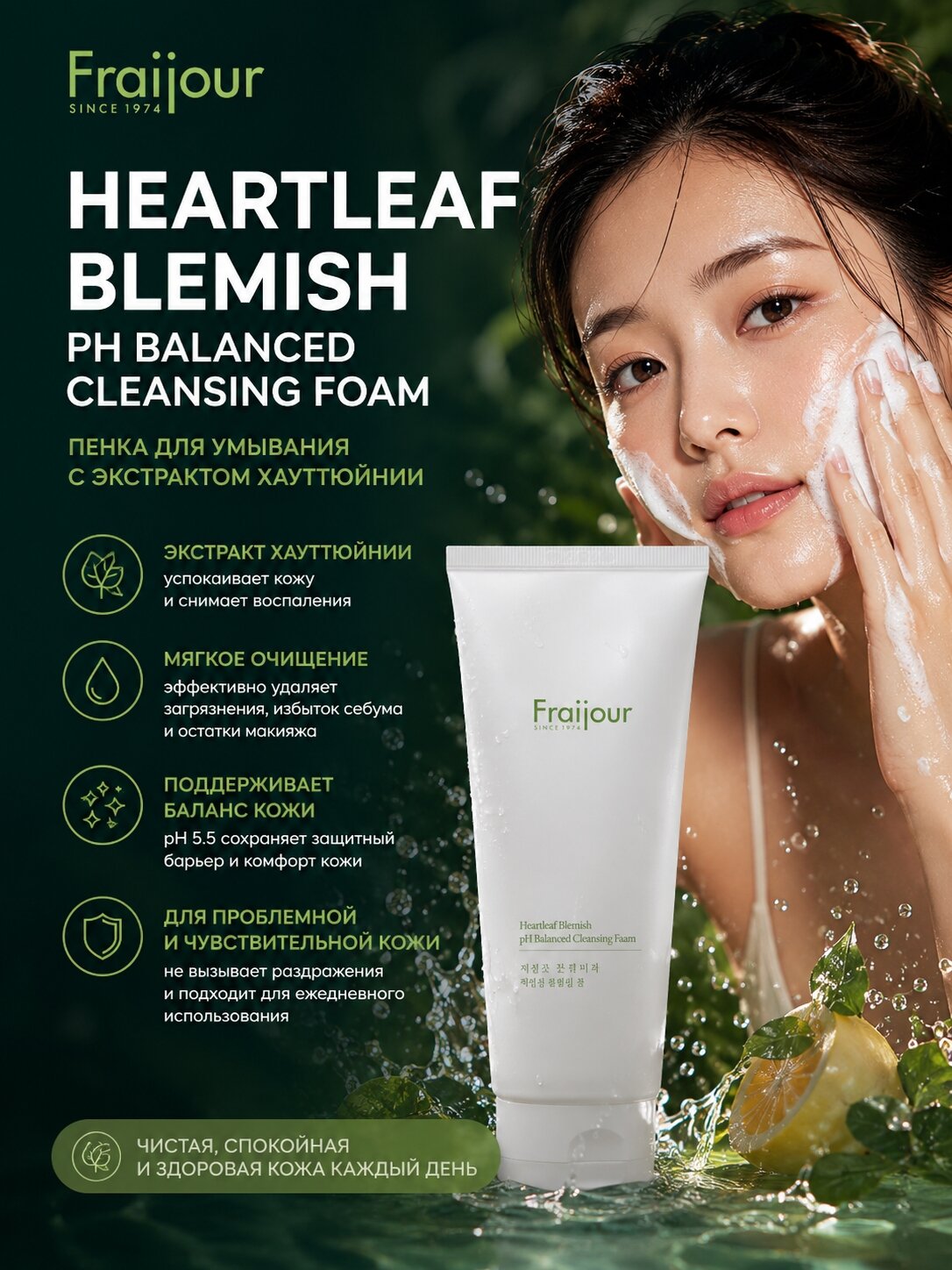Fraijour Пенка для умывания хауттюйния Heartleaf Blemish pH Balanced Cleansing Foam, 250 мл
