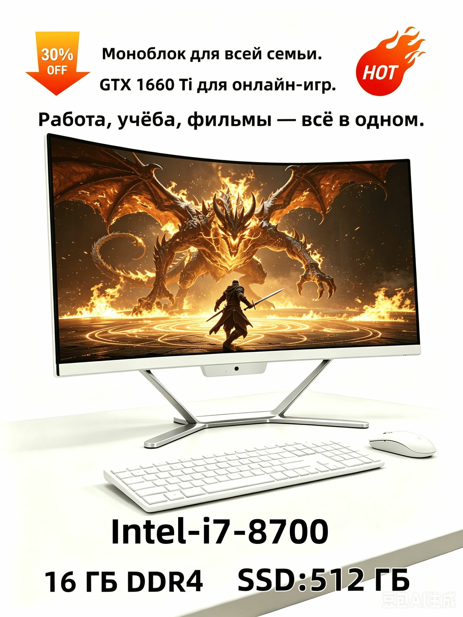 Игровой белый моноблок 27" изогнутый i7-8700 GTX1660Ti 16ГБ SSD512Б Win11 25H2 с камерой Wi-Fi Bluetooth