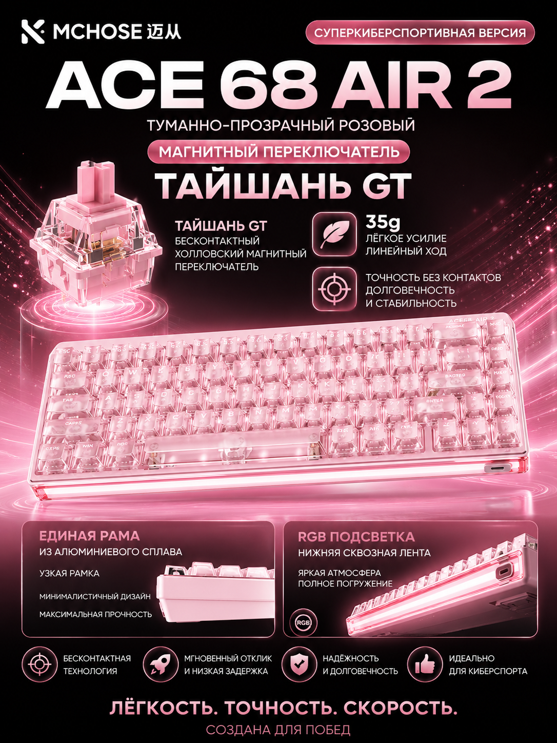 Игровая клавиатура проводная MCHOSE Ace 68 Air 2 магнитная клавиатура 8K опрос с переключателями Тайшань GT