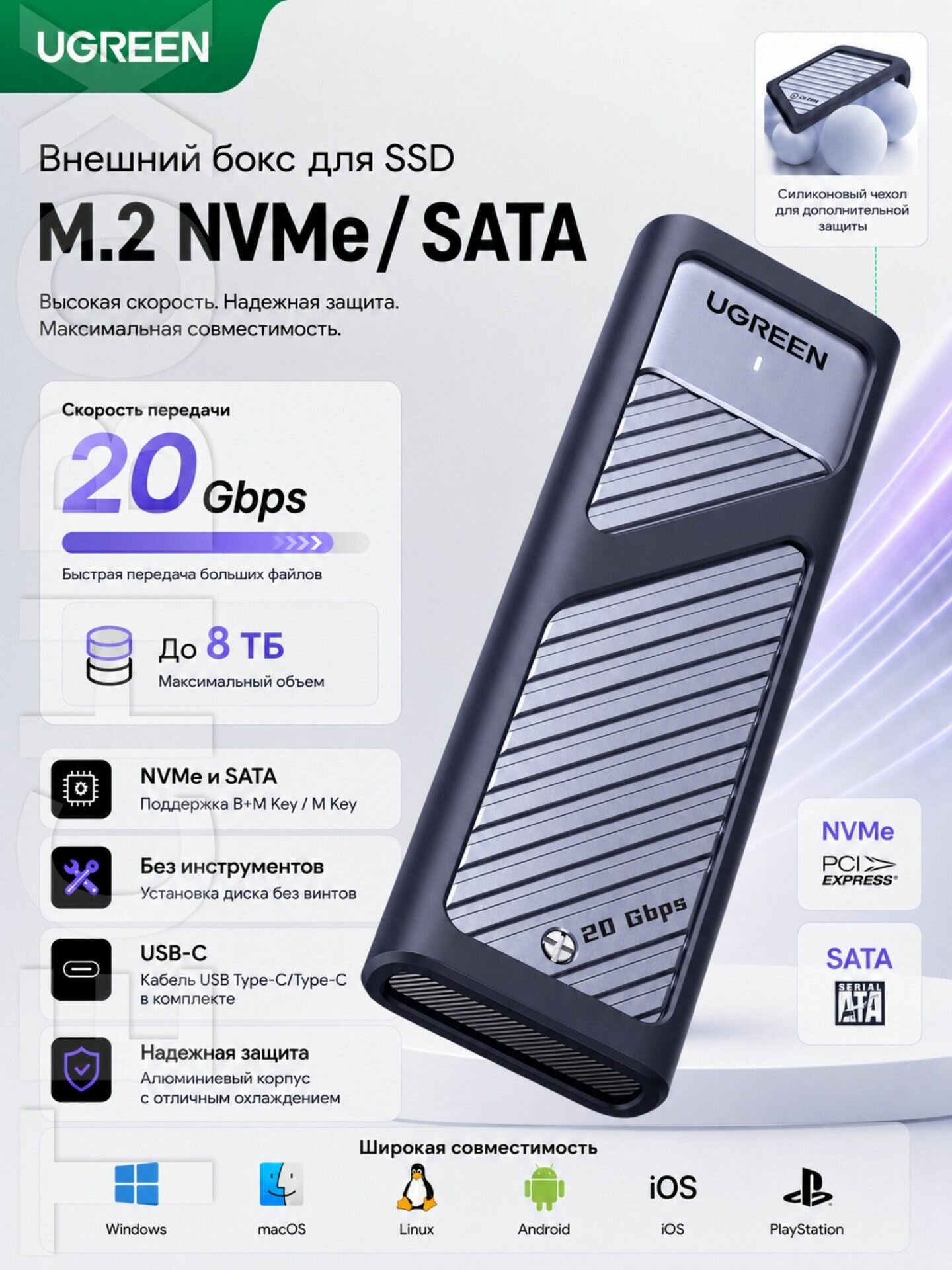 Бокс внешний для жесткого диска UGREEN M.2 NVMe/SATA SSD 20Gbps для SSD 20 Гбит/с внешний корпус для M.2