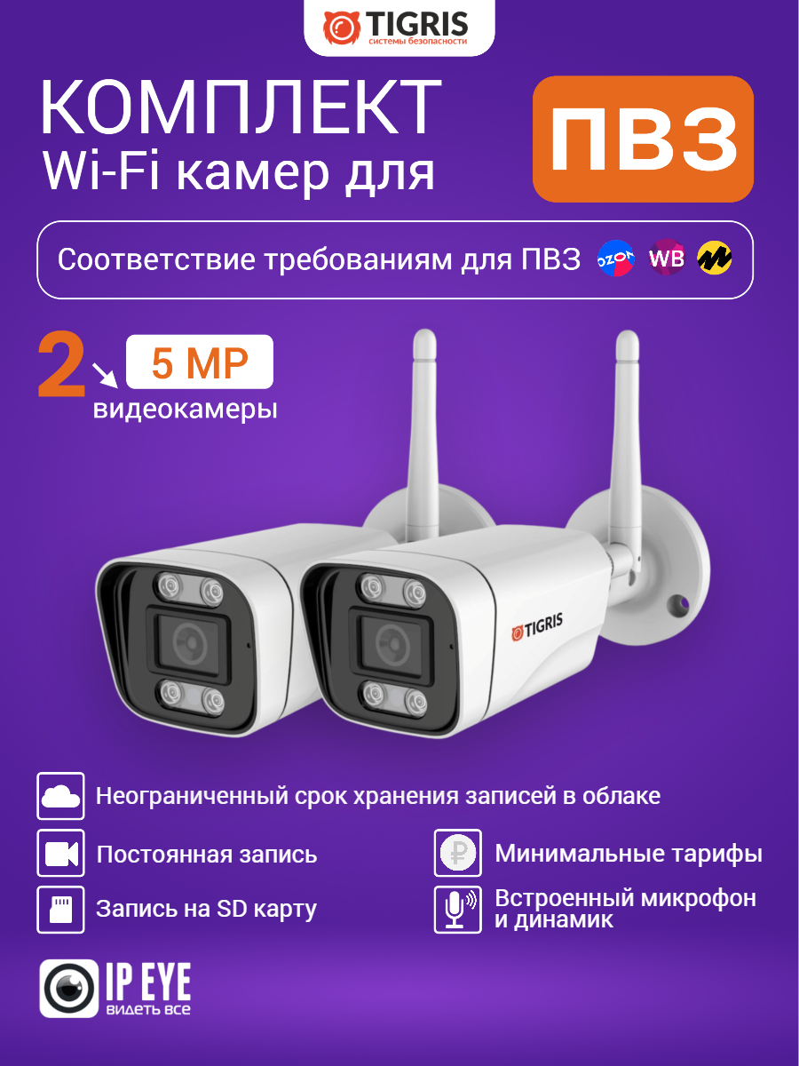 Комплект видеонаблюдения Wifi для ПВЗ на 2 камеры 5 мп с облачным сервисом IPEYE