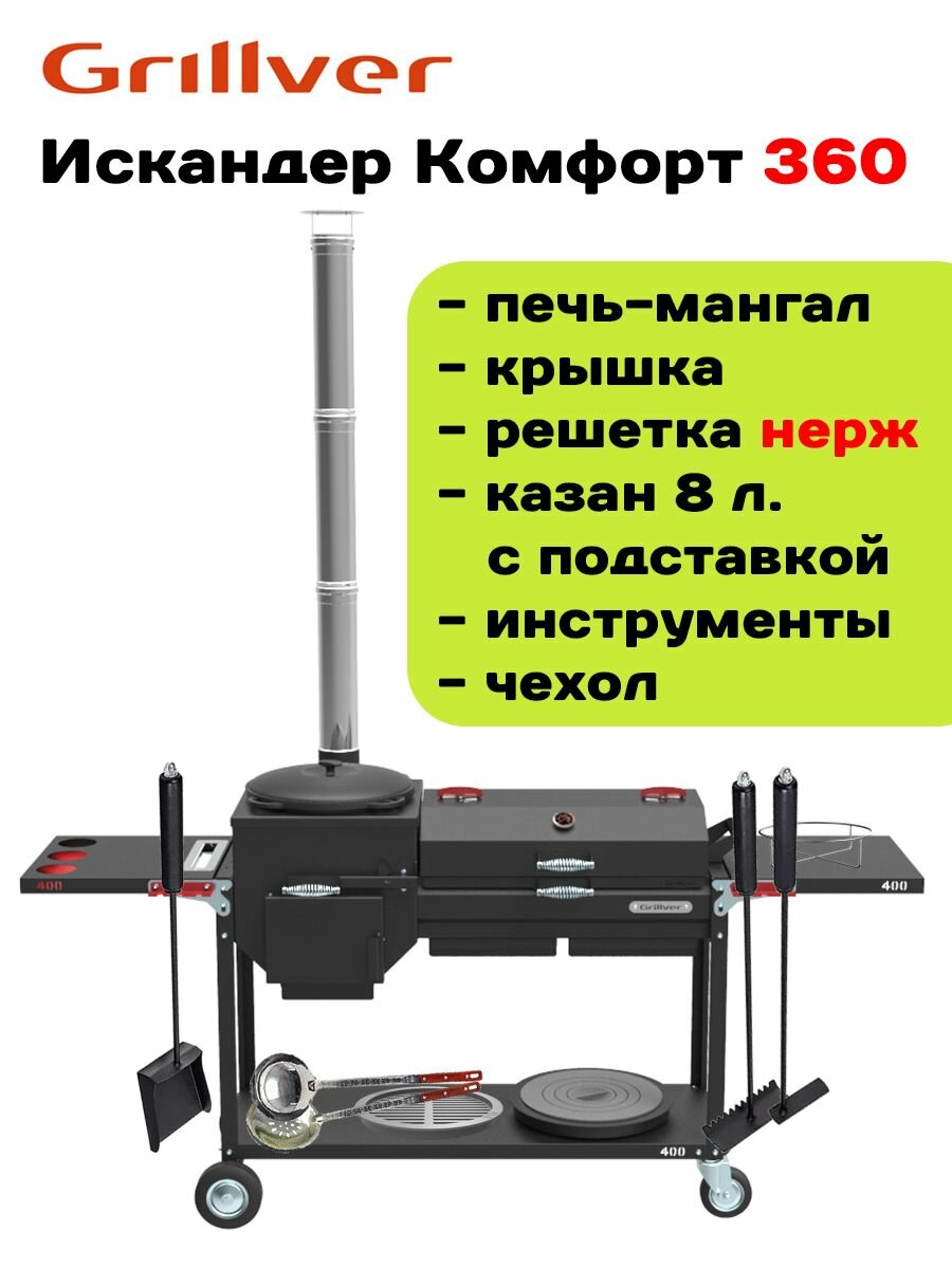 Печь-мангал-гриль-коптильня-плита 5в1 Grillver Искандер-360 Комфорт Эйр набор с крышкой и нерж. решеткой
