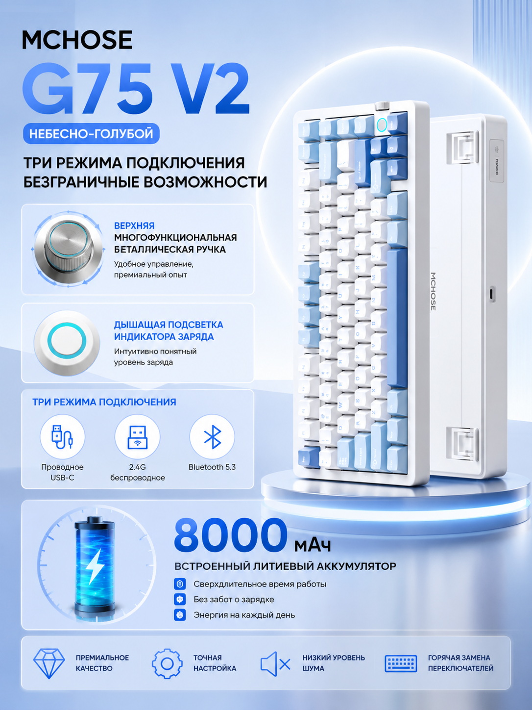 MCHOSE Игровая клавиатура беспроводная MCHOSE G75 V2: трёхрежимная механическая клавиатура 2.4 ГГц Bluetooth, проводное