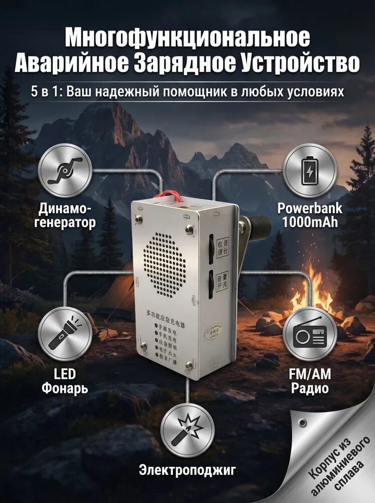 Зарядка универсальная с ручным генератором, LED светом, радио и USB 5V/1A для похода