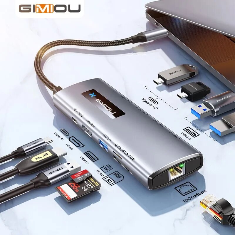 Док-станция USB-C 10 портов GIMIOU, хаб для MacBook Pro/Air M1 M2 M3, HDMI 4K 60Hz, Ethernet RJ45, USB 3.0, Power Delivery 100W"