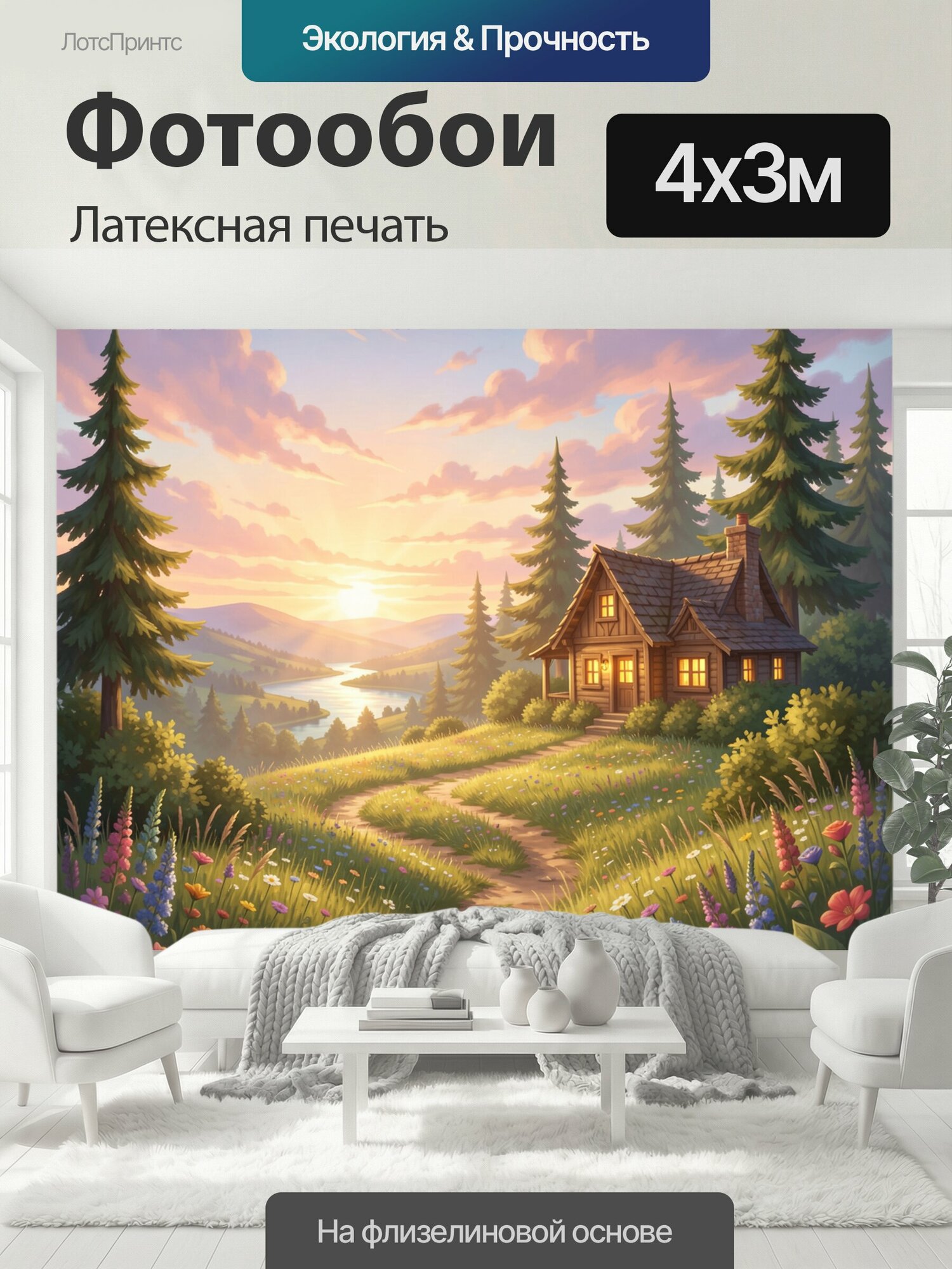 Фотообои моющиеся ударопрочные "Домик в лесу на закате. Уютный деревянный коттедж среди елей и цветущего луга, извилистая тропа к реке, мягкое." 400x300 см. латексная печать