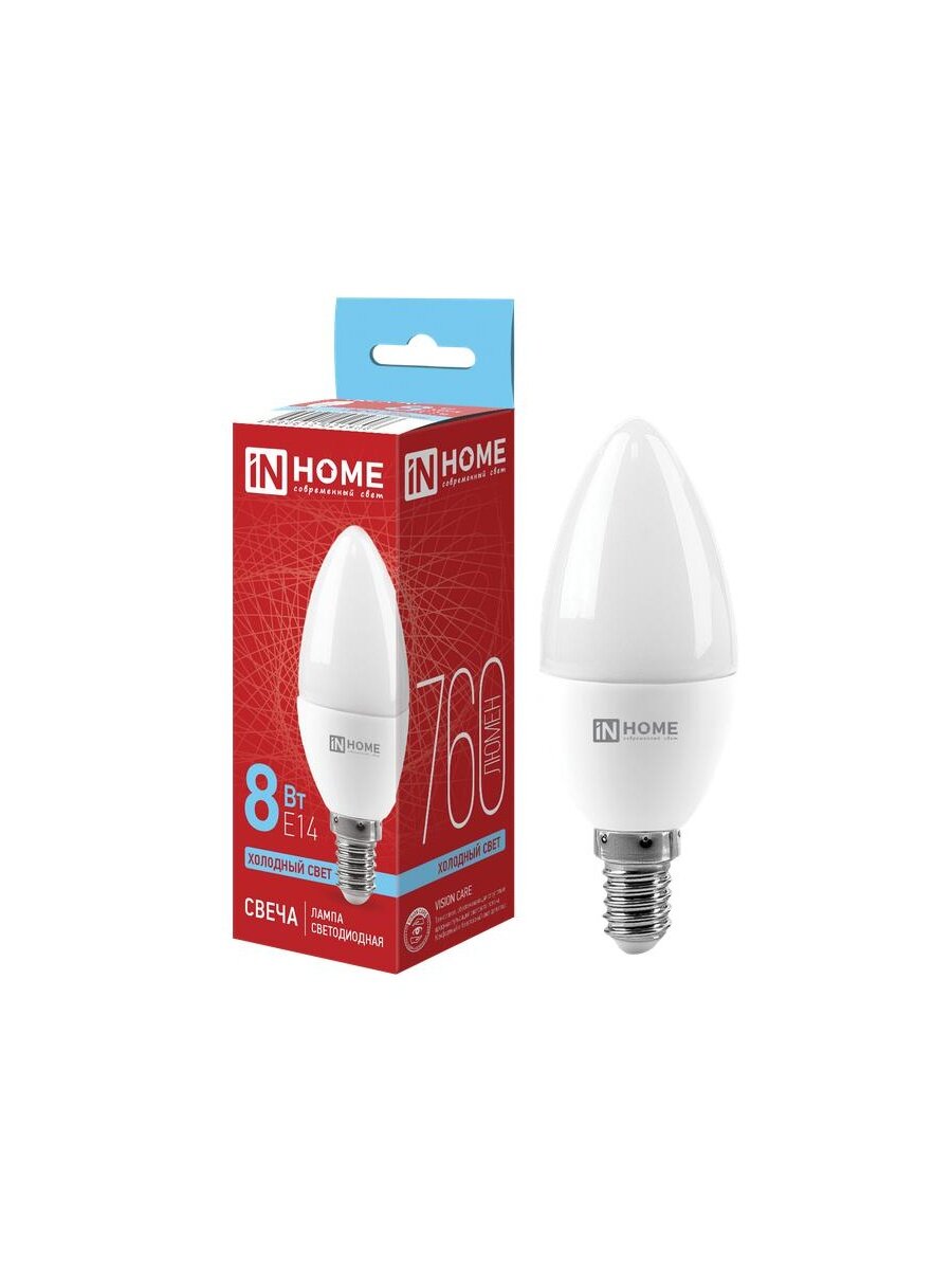 Лампа светодиодная LED-СВЕЧА-VC 8Вт свеча 6500К холод. бел. E14 760лм 230В IN HOME 4690612024806