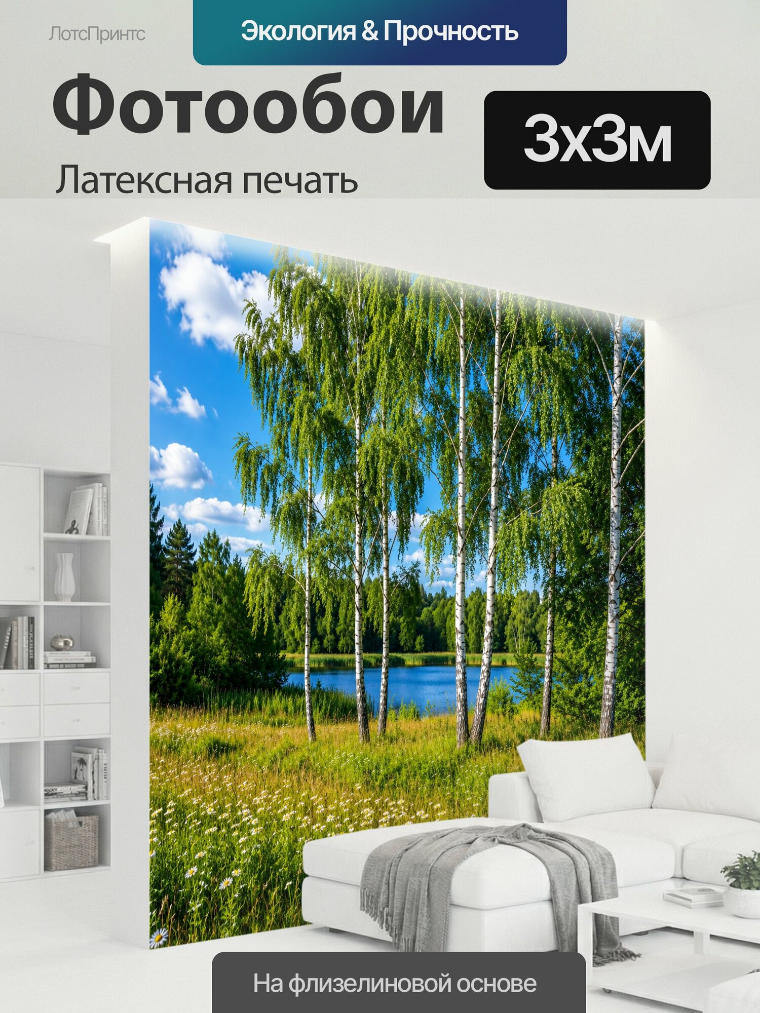 Фотообои моющиеся ударопрочные "Березы у лесного озера. Летний природный пейзаж с тонкими белоствольными деревьями, зеленым лугом и спокойной." 300x300 см. латексная печать