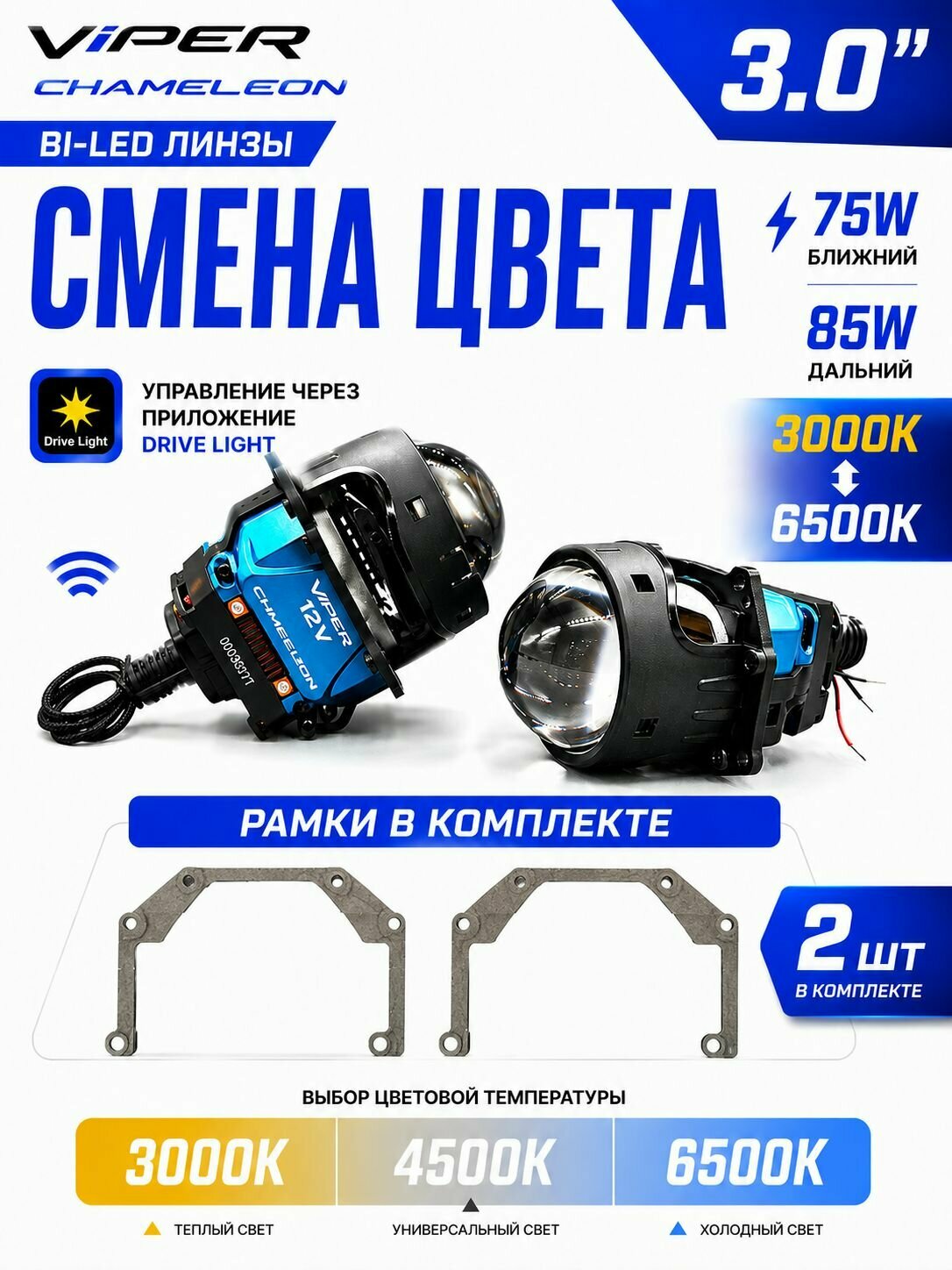 Светодиодные линзы Viper Chameleon для Peugeot 4007 2007-2012 Пежо - Viper Chameleon 75W / 85W - BI Led Светодиодные линзы с выбором цвета