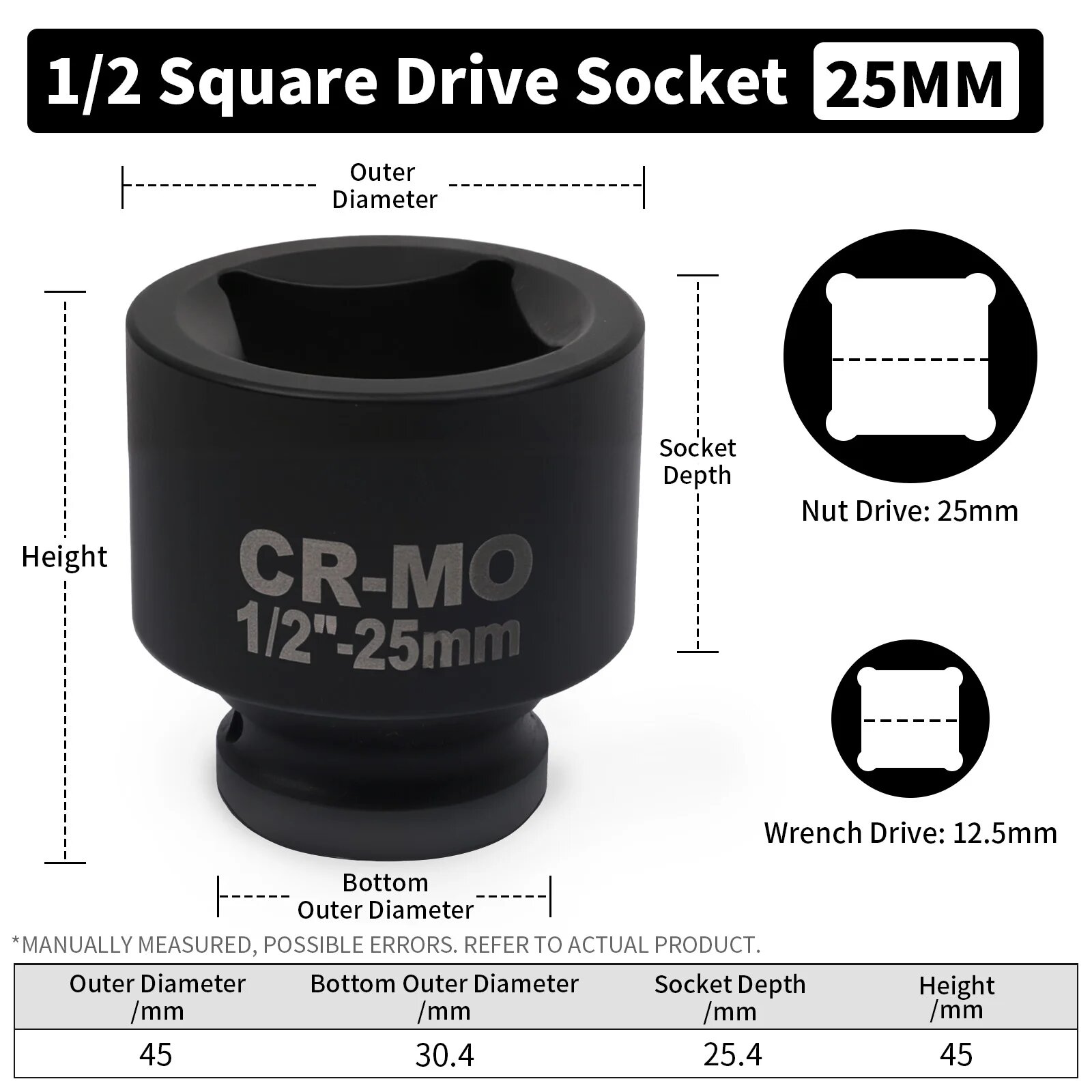 Norishield 1/2" Четырехгранный ударный адаптер для гаечного ключа 6-30 мм Square Socket 25mm