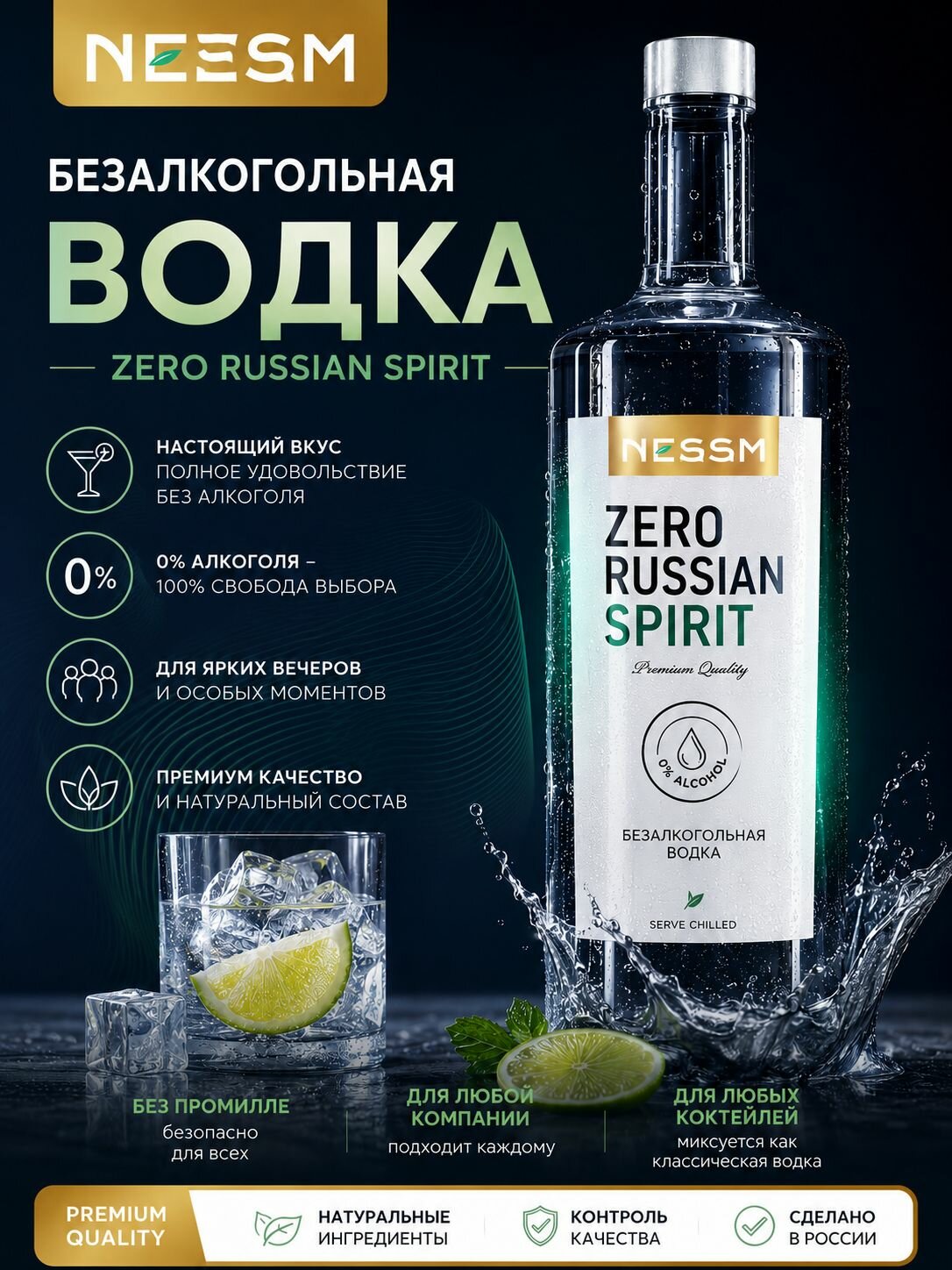 Безалкогольная водка NESSM Zero Russian Spirit / Безалкогольный зерновой дистиллят, 0,5 л, 0% спирта, основа для коктелей
