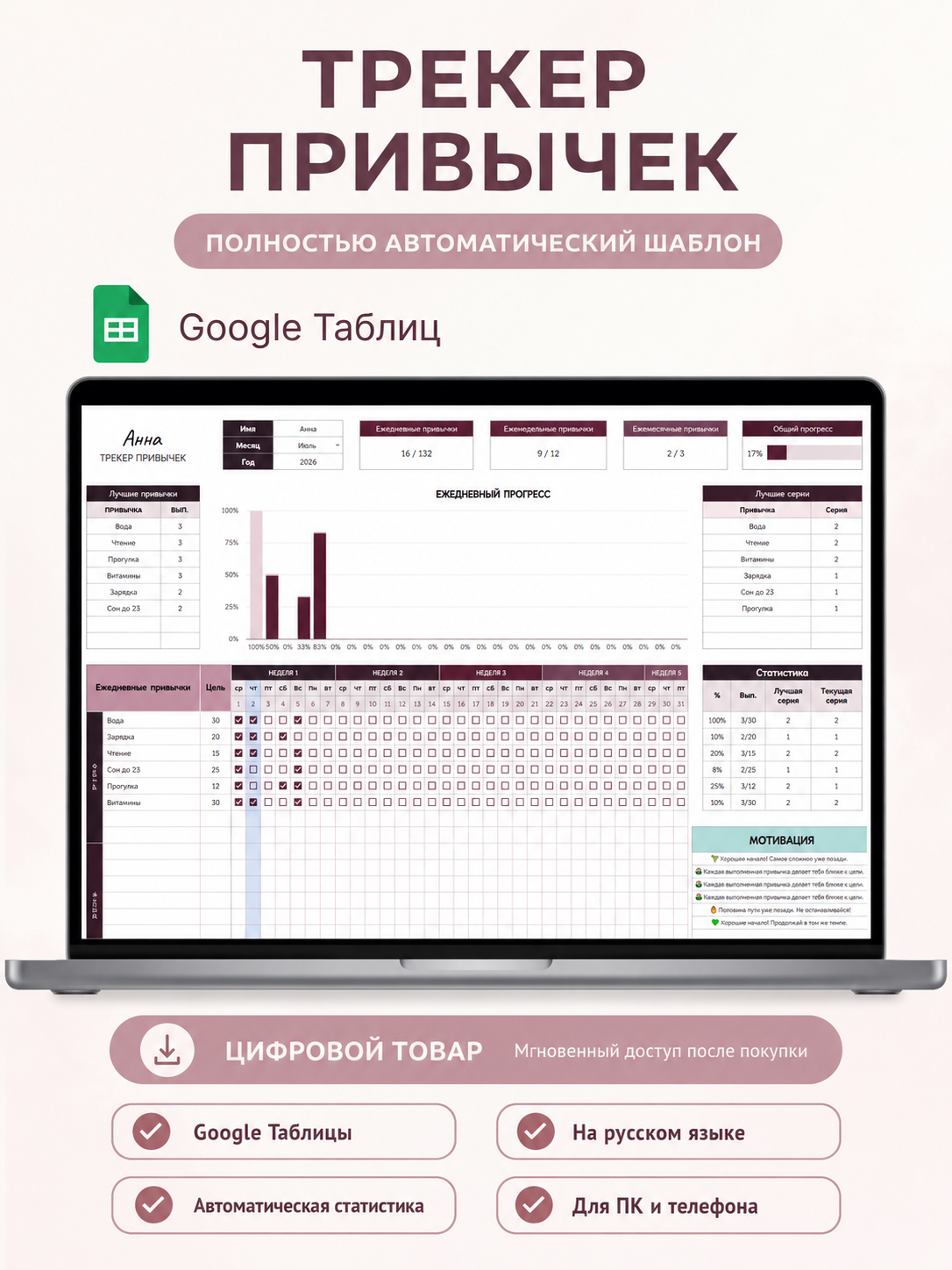 Трекер привычек Google Таблицы | Цифровой шаблон для планирования, ежедневных, еженедельных и ежемесячных привычек