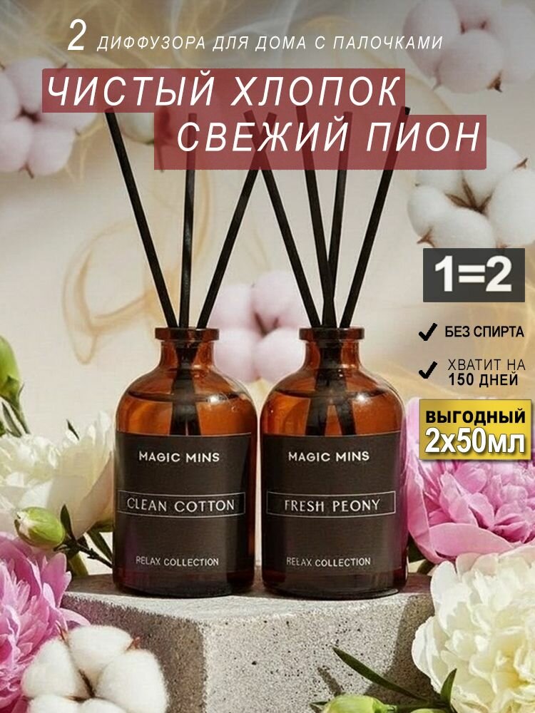 Ароматический диффузор для дома с палочками, 2шт по 50мл, Clean Cotton + Fresh Peony / Чистый Хлопок и Свежий Пион