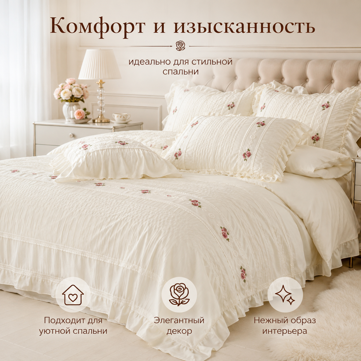 Белый комплект постельного белья с вышивкой роз и рюшами, мягкая мятая ткань для романтичной спальни