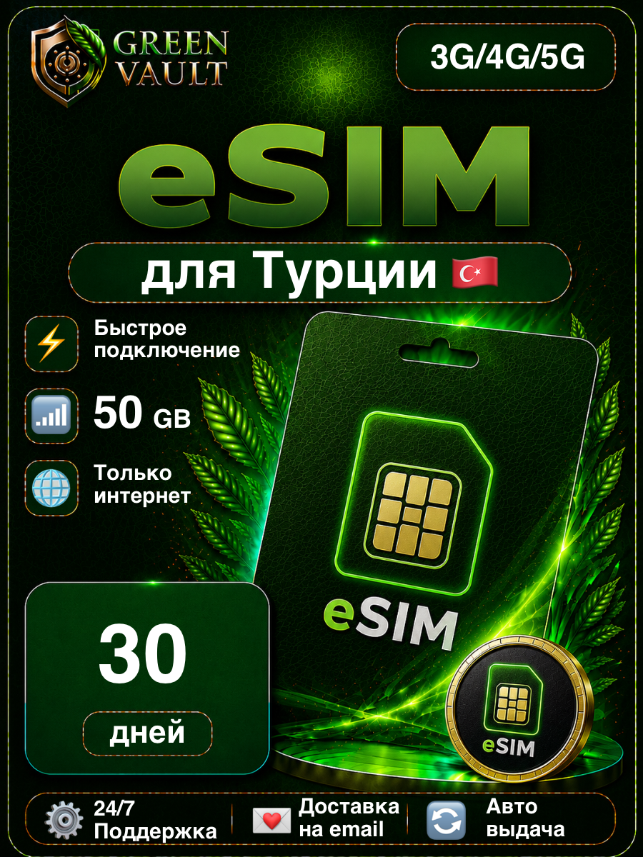 ESIM Турция | Интернет | 50 ГБ на 30 дней | 4G, 5G | Для телефона и планшета - автовыдача 24/7